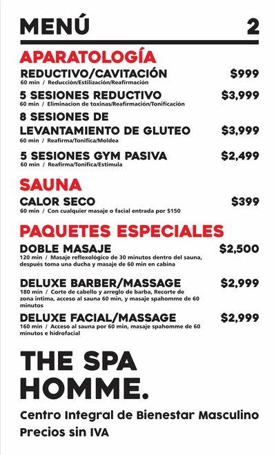 Menu Español – THE SPA HOMME – CENTRO INTEGRAL DE BIENESTAR MASCULINO